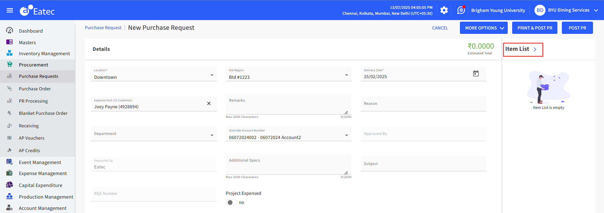 Creating Purchase Requests